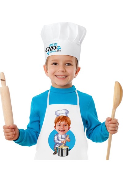 Kişiye Özel Küçük Chef Karikatürlü Erkek Çocuk Mutfak Önlüğü Aşçı Şapkası Seti-2 Kişiye Özel Küçük Chef Karikatürlü Erkek Çocuk Mutfak Önlüğü Aşçı Şapkası Seti-2