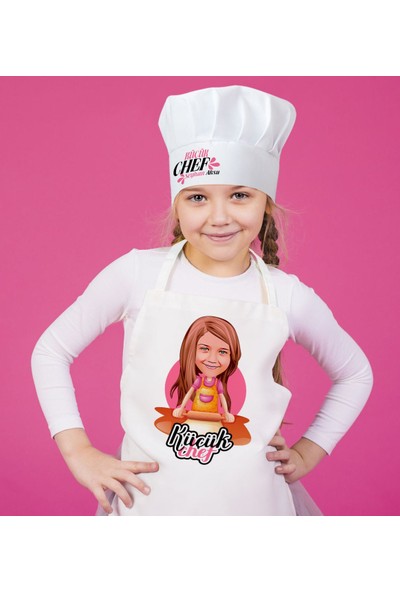 Kişiye Özel Küçük Chef Karikatürlü Kız Çocuk Mutfak Önlüğü ve Aşçı Şapkası Seti-4