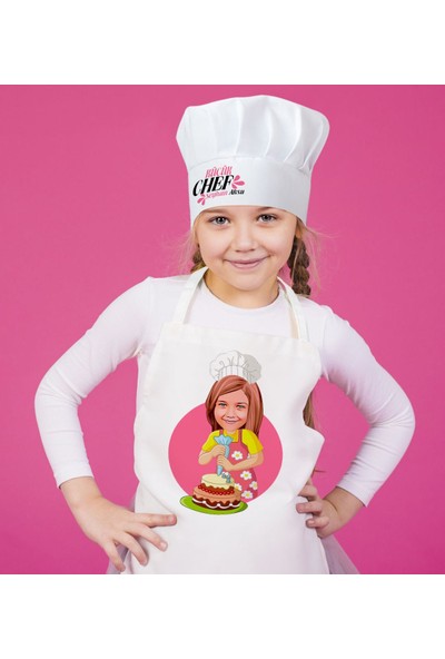 Kişiye Özel Küçük Chef Karikatürlü Kız Çocuk Mutfak Önlüğü ve Aşçı Şapkası Seti-3 Kişiye Özel Küçük Chef Karikatürlü Kız Çocuk Mutfak Önlüğü ve Aşçı Şapkası Seti-3