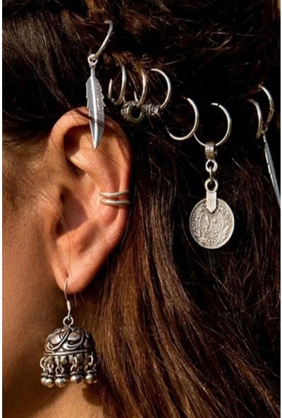 Bahels 10'lu Gümüş Bohem Tüy Saç Küpe Toka Seti