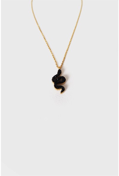Ceptecep Siyah Taşlı Yılan Gold Altın Kaplama Kolye