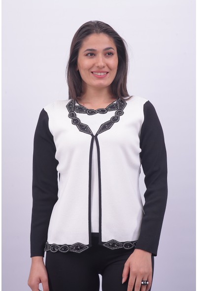 Sude Kadın Ithal 12 Ay Boncuk Işlemeli El Işi Uzun Kol Ikili Siyah Triko Takım 2266