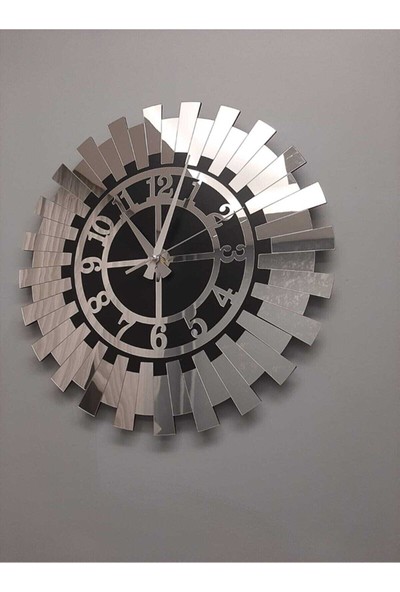Büyük Dekoratif Gümüş Güneş Duvar Saati Modern Türk Rakamlı Mdf Üzeri Aynalı Pleksi 50X50 cm Büyük Dekoratif Gümüş Güneş Duvar Saati Modern Türk Rakamlı Mdf Üzeri Aynalı Pleksi 50X50 cm