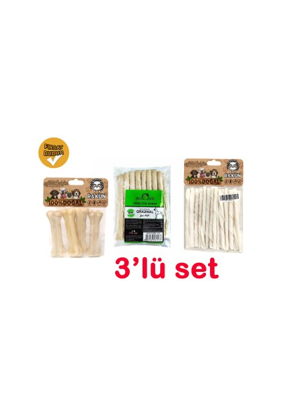 Esca Süper 3lü Set - Esca Food Doğal Ödül Maması 25 Li - Rakun Pet Burgu 25LI ve Press Kemik 7cm 4lü