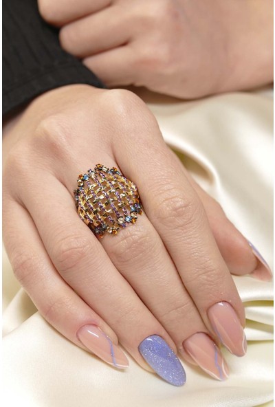 Mücevheravm Renkli Taşlı Tasarım Altın Yüzük