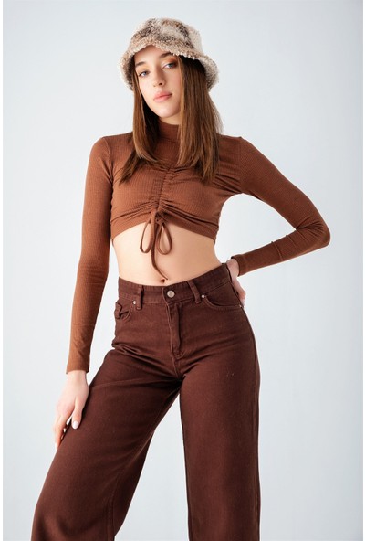 MyLove Ön Büzgülü Fitilli Crop Kahve MyLove Ön Büzgülü Fitilli Crop Kahve