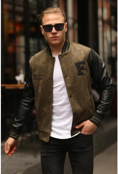 Famoda Haki F Baskılı Süet Kolej Ceket