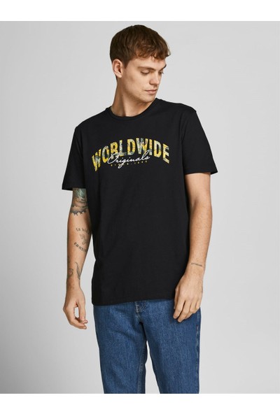 2YETSBS32521 Jack&jones 12209434 Yazı Baskı 0 Yaka Kısa Kol Tshirt Siyah
