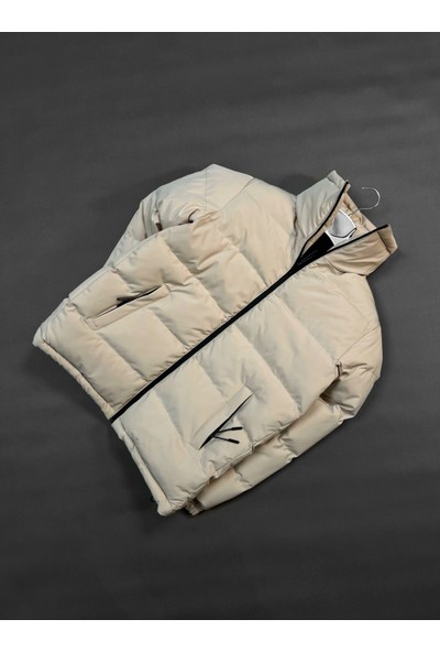 Abluka Dik Yaka Fermuarlı Şişme Mont Bej