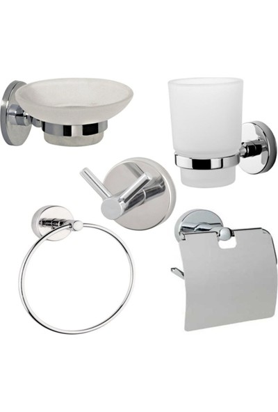 Fnd Home Fndhome Bornoz Askısı, Yuvarlak Havluluk, Diş Fırçalık, Sabunluk, Kapaklı Wc Kağıtlık 5'Li Seti