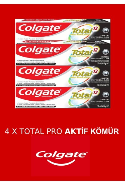 Colgate Total Pro 50 ml Aktif Kömür Profesyonel Temizlik- 4 Adet Colgate Total Pro 50 ml Aktif Kömür Profesyonel Temizlik- 4 Adet