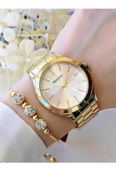 Ferrucci Kadın Kol Saati+Bileklik Özel Seri Gold Kordon Kararma Renk Atma Yapmaz Ferrucci Kadın Kol Saati+Bileklik Özel Seri Gold Kordon Kararma Renk Atma Yapmaz