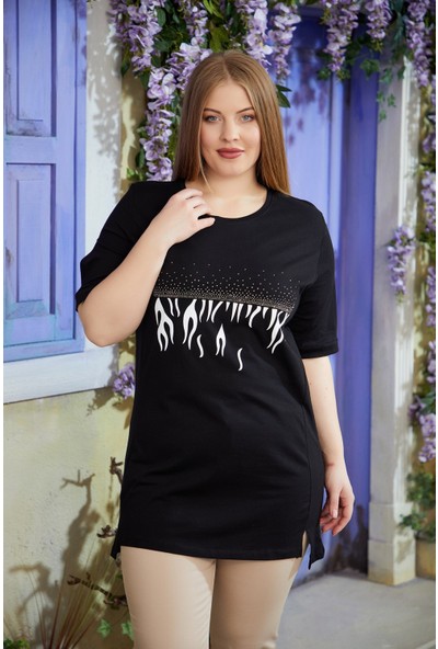 Rmg Taş Işlemeli Baskılı Büyük Beden Siyah Tişört