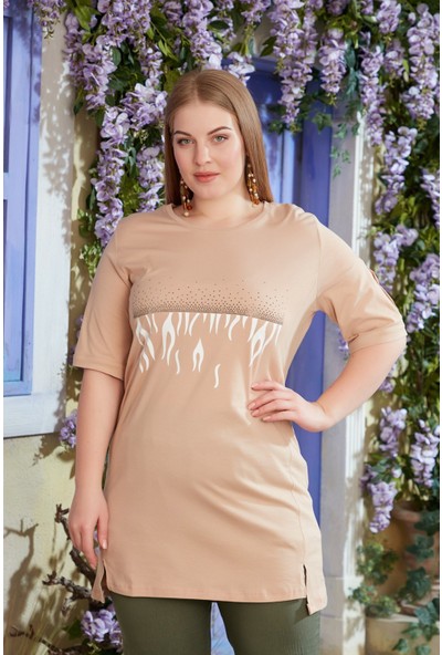 Rmg Taş Işlemeli Baskılı Büyük Beden Vizon Tişört