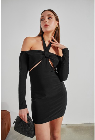 MyLove Kemerli Cut Out Elbise Siyah