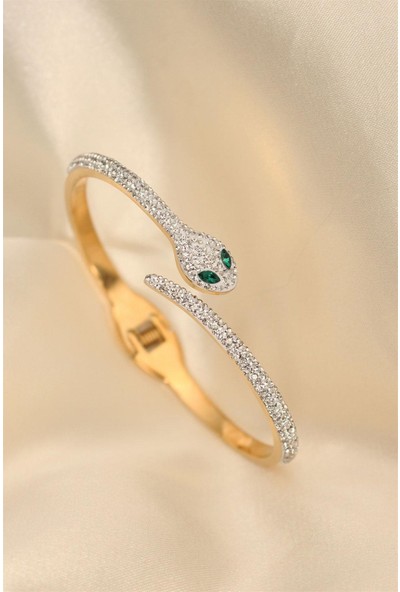 Clariss Çelik Altın Renk Taşlı Yılan Figürlü Kadın Kelepçe Bileklik Clariss Çelik Altın Renk Taşlı Yılan Figürlü Kadın Kelepçe Bileklik