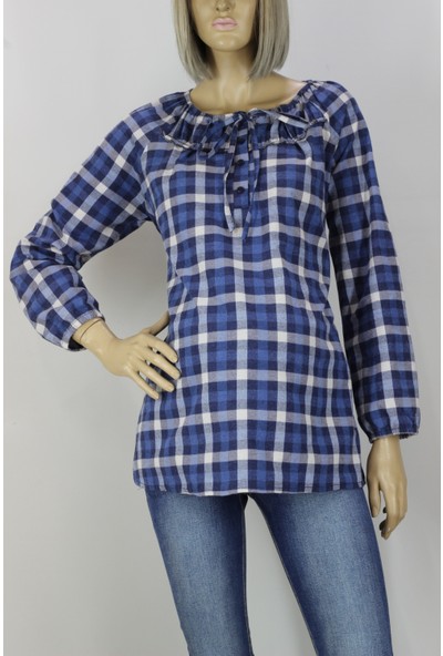 Tria Yakası Düğme Detaylı Ekose Hamile Bluz