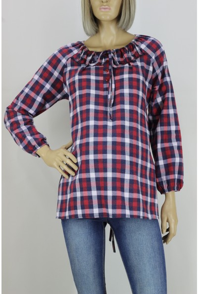 Tria Yakası Düğme Detaylı Ekose Hamile Bluz