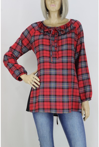 Tria Yakası Düğme Detaylı Ekose Hamile Bluz