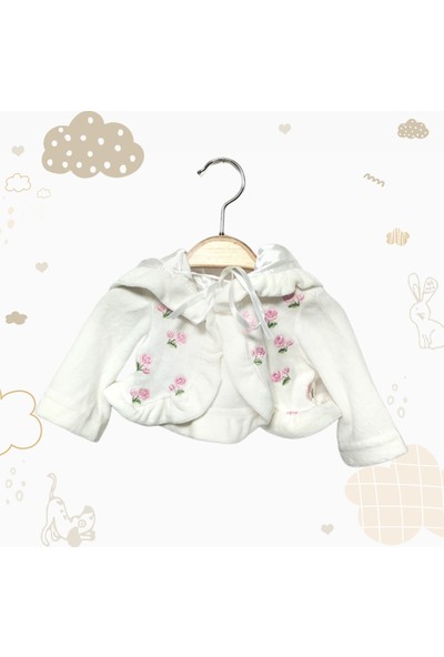Babywest Kız Çocuk & Bebek Astarlı Peluş Pembe Çiçek Nakışlı Bolero Organik %100 Bloomberg Pamuklu
