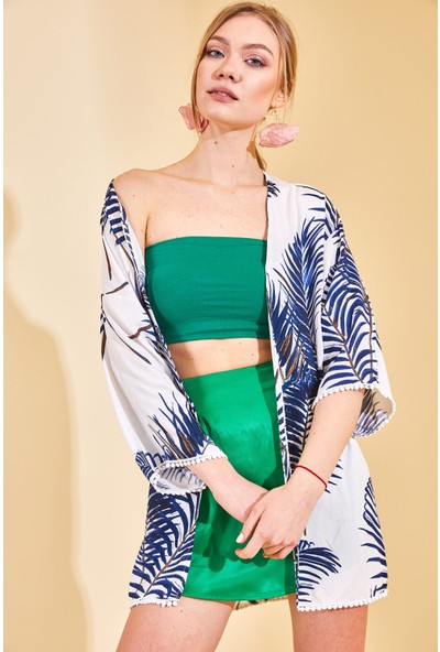 XUDE Beyaz & Mavi Kolları Güpürlü Palmiye Desenli Kimono 2YSK4-10048-82