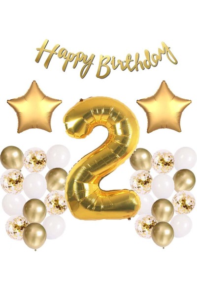 Gold Konsept 2 Yaş Doğum Günü Kutlama Seti; Beyaz Gold Konfetili Balon, Rakam Yıldız Folyo ve Banner Gold Konsept 2 Yaş Doğum Günü Kutlama Seti; Beyaz Gold Konfetili Balon, Rakam Yıldız Folyo ve Banner
