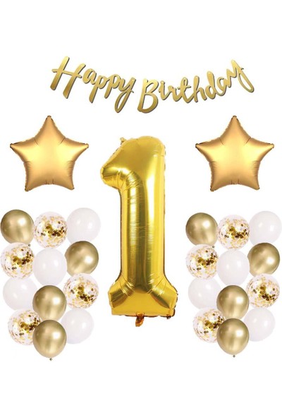 Gold Konsept 1 Yaş Doğum Günü Kutlama Seti; Beyaz Gold Konfetili Balon, Rakam Yıldız Folyo ve Banner Gold Konsept 1 Yaş Doğum Günü Kutlama Seti; Beyaz Gold Konfetili Balon, Rakam Yıldız Folyo ve Banner