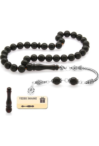 Nipora 925 Ayar Gümüş Püsküllü Küre Kesim Koyu Kırmızı Damla Kehribar Tesbih