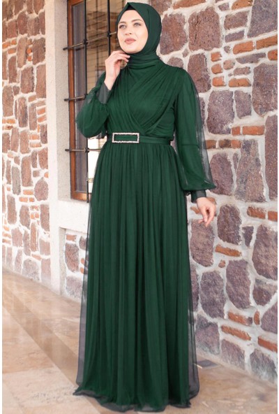 Fahima Kemer Detaylı Tül Abiye Elbise Zümrüt FHM777 Fahima Kemer Detaylı Tül Abiye Elbise Zümrüt FHM777