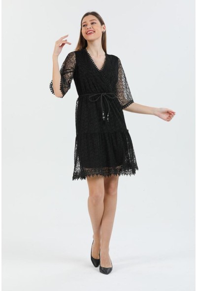 NeskaAvm Dantelli Midi Siyah Tül Elbise