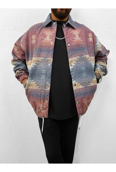 Abluka Online Oversize Desenli Cepli Gömlek Ceket Mavi