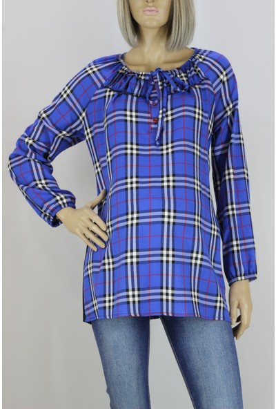 Tria Yakası Düğme Detaylı Ekose Hamile Bluz