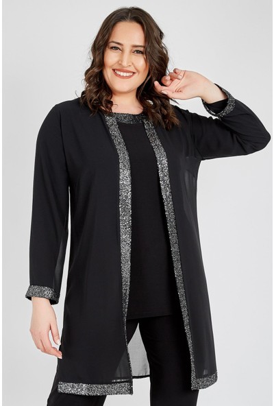 Ladies First Büyük Beden 3552 Siyah Gümüş Ceket+Bluz Ikili Takım Ladies First Büyük Beden 3552 Siyah Gümüş Ceket+Bluz Ikili Takım