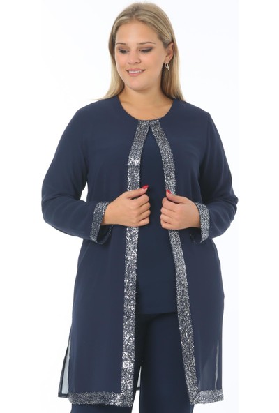 Ladies First Büyük Beden 3552 Lacivert Gümüş Ceket+Bluz Ikili Takım