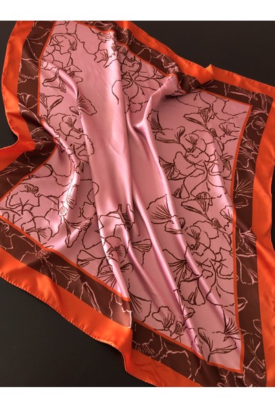 Somon & Pembe & Kahverengi Çizgi Ton Şal Desen Ipek Saten Fular