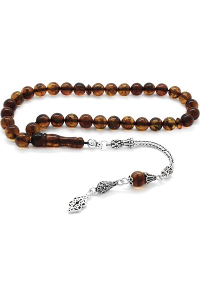 Nipora 925 Ayar Gümüş Püsküllü Küre Kesim Light Cognag Damla Kehribar Tesbih