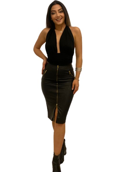 Bebe Plus Kadın Siyah Önden Fermuarlı Uzun Kalem Deri Etek