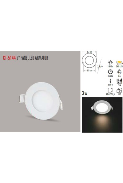 Cata Ct-5144 3W/6500K Alm. Panel LED Armatür(Beyaz) Cata Ct-5144 3W/6500K Alm. Panel LED Armatür(Beyaz)
