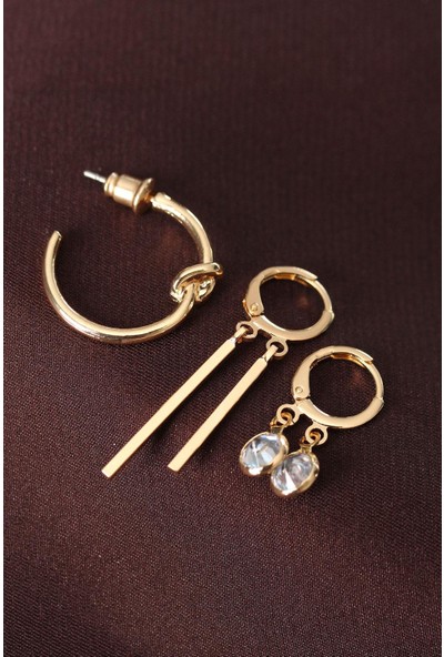 Erbilden Erb Altın Renk Metal Zirkon Taşlı Düğüm Detaylı Çoklu Küpe