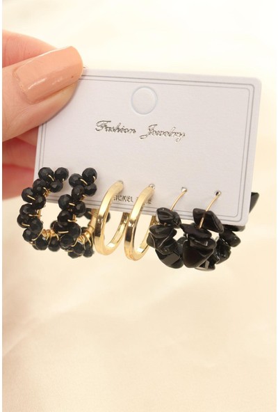 Erbilden Erb Siyah Renk Doğal Taş Detay Küpe Seti