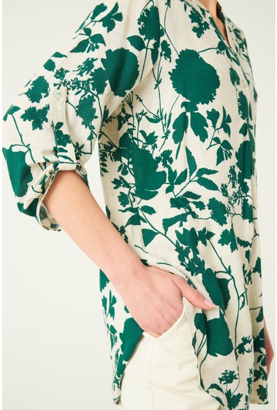 Gusto Desenli Viskon Keten Tunik - Yeşil
