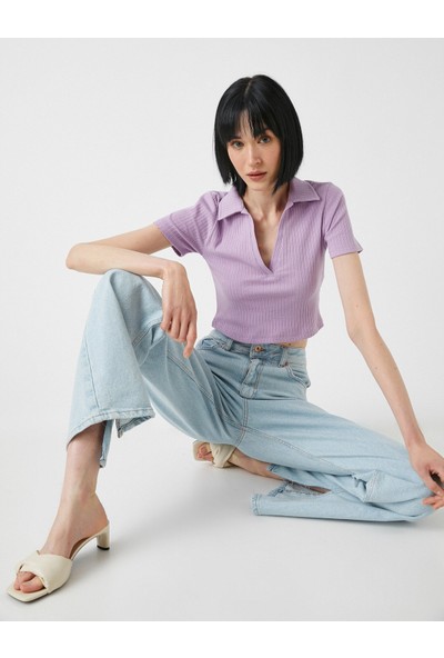 Koton Kadın Crop Polo Yaka Kısa Kollu Tişört