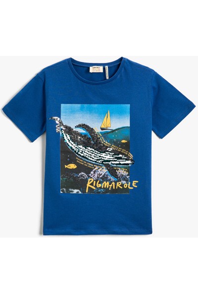 Koton Erkek Çocuk Balina Pul Payetli Kısa Kollu Bisiklet Yaka Tişört Pamuklu