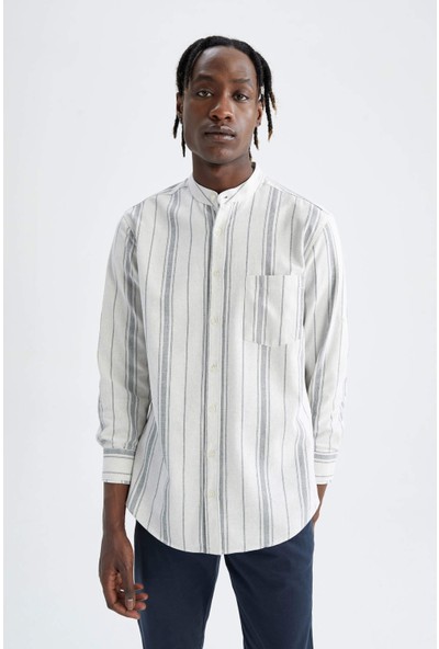 DeFacto Modern Fit Hakim Yaka Çizgi Desenli Pamuklu Uzun Kollu GÖMLEK X3632AZ22SM