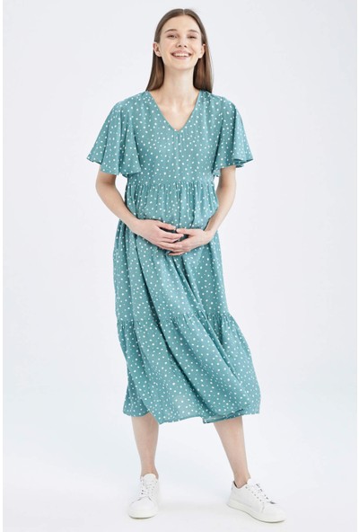 DeFacto Regular Fit Desenli V Yaka Kısa Kollu Hamile Elbise X5476AZ22SM