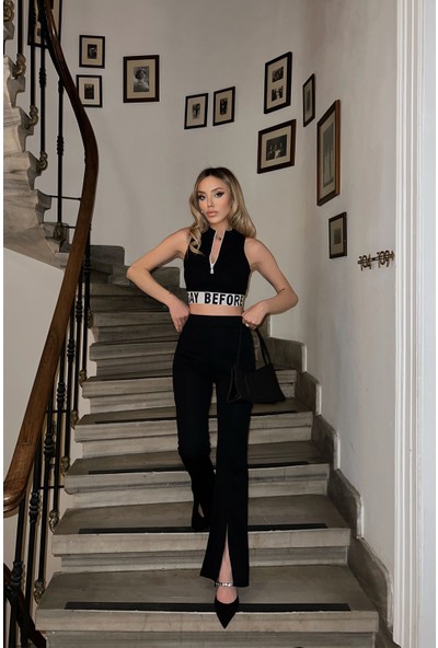 Eyyo Siyah Önden Yırtmaçlı Pantolon ATE356