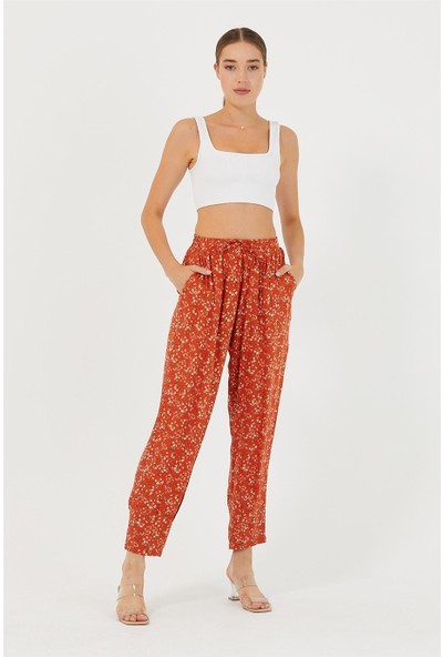 So Sweet Kadın Çiçek Desenli Beli Lastikli Empirme Pantolon Kiremit