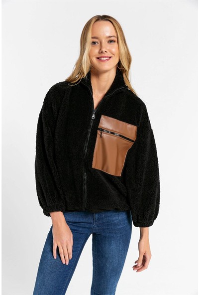 So Sweet Kadın Fermaur Detaylı Deri Cepli Peluş Ceket 52578 Siyah