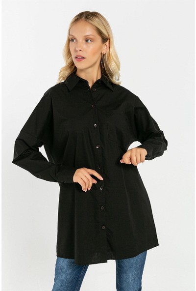 So Sweet Kadın Cep Detaylı Uzun Gömlek 27049 Siyah