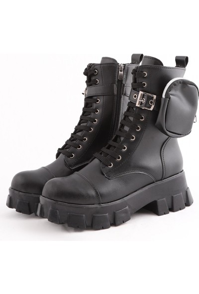 Arlin Kadın Bağcıklı Yan Fermuarlı Çıkartılabilir Mini Çantalı Siyah Bot